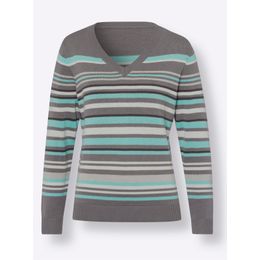 WITT Damen V-Ausschnitt-Pullover im Ringel-Dessin, grau-mint-geringelt, Gr&ouml;&szlig;e 52