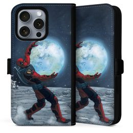 DeinDesign iPhone 16 Pro Max Handy Klapph&uuml;lle Handyh&uuml;lle aus Kunst Leder schwarz Flip Case Moon Marvel Deadpool Sideflip mit Lasche