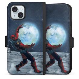 DeinDesign iPhone 15 Handy Klapph&uuml;lle Handyh&uuml;lle aus Kunst Leder schwarz Flip Case Moon Marvel Deadpool Sideflip mit Lasche