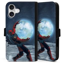 DeinDesign iPhone 16 Plus Handy Klapph&uuml;lle Handyh&uuml;lle aus Kunst Leder schwarz Flip Case Moon Marvel Deadpool Sideflip mit Lasche