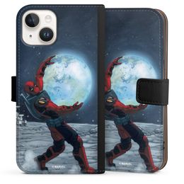 DeinDesign iPhone 14 Handy Klapph&uuml;lle Handyh&uuml;lle aus Kunst Leder schwarz Flip Case Moon Marvel Deadpool Sideflip mit Lasche
