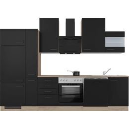 K&uuml;che Flex-Well "Capri", schwarz (k&uuml;che: schwarz, front: schwarz, korpus: endgrain oak, arbeitsplatte: endgrain oak), B:310cm H:234cm T:60cm, Komplettk&uuml;chen-Sets, mit und ohne E-Ger&auml;ten erh&auml;ltlich, Gesamtbreite 310 cm