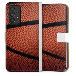 DeinDesign Galaxy A33 5G Handy Klapph&uuml;lle Handyh&uuml;lle aus Kunst Leder wei&szlig; Flip Case Sports Ball Basketball Sideflip mit Lasche