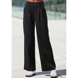 Schlupfhose Lascana "extra Weit mit Bundfalten", Damen, Gr. 32/34, N-Gr, blau (schwarz gestreift), Obermaterial: 74% Polyester, 21% Viskose, 5% Elasthan, Jacquardmuster, Nadelstreifen, Basic, lang, Hosen Schlupfhose, mit Jacquard Strickmuster oder uni schwarz