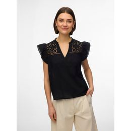 V&eacute;ro Moda Kurzarmbluse VERO MODA "VMLINE SS V-NECK TOP WVN NOOS", Damen, Gr. L, schwarz, Web, Obermaterial: 100% Baumwolle, unifarben, normal, V-Ausschnitt, Blusen, Baumwolle, Lochstickerei