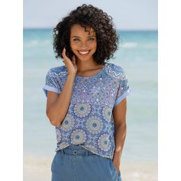 T-Shirt Heine "Druck-Shirt", Damen, Gr. 46, bleu, salbei, bedruckt, 95% Viskose, 5% Elasthan, bedruckt, gemustert, mehrfarbig, Rundhals, Shirts T-Shirt