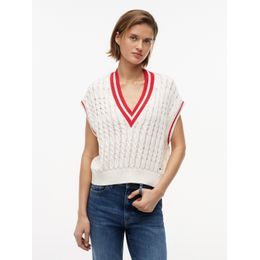 Pullunder Tommy Jeans "TJW TIPPING V NECK CABLE VEST", Damen, Gr. L (42/44), ancient wei&szlig;, Strick, Obermaterial: 100% Baumwolle, unifarben mit Farbeinsatz, normal, V-Ausschnitt, Pullover Pullunder, Baumwolle, mit Zopfmuster