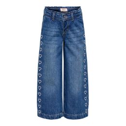 Weite Jeans KIDS Only "KMGCOMET HEART WIDE DNM DIA3020 NOOS", Jungen, Gr. 128, N-Gr, medium blau denim detail:heart embroidery, Denim/Jeans, Obermaterial: 100% Baumwolle, weit normal, Jeans