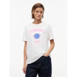 T-Shirt Tommy Jeans "TJW RLX NOVELTY TEE", Damen, Gr. L (42/44), ecru, Single Jersey, Obermaterial: 100% Baumwolle, bedruckt, relaxed fit normal, Rundhals, Shirts T-Shirt, Baumwolle, relaxed fit