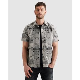 PME-Legend Kurzarmhemd PME LEGEND "Short Sleeve Shirt Print on cotton slub", Herren, Gr. L, N-Gr, carbon, Web, Obermaterial: 100% Baumwolle, bedruckt, regular fit normal, ohne Ausschnitt, gerader Abschluss, Hemden, mit All-Over Print