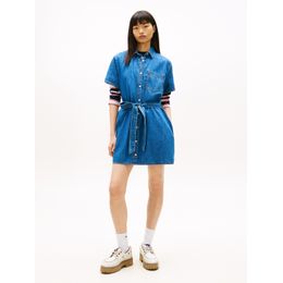 Jeanskleid Tommy Jeans "TJW SHIRT MINI CHAMBRAY DRESS", Damen, Gr. S (36), N-Gr, blau (denim medium), Denim/Jeans, Obermaterial: 100% Baumwolle, regular fit mini, abgesteppte Kante, Kleider, mit Tailleng&uuml;rtel, Regular Fit