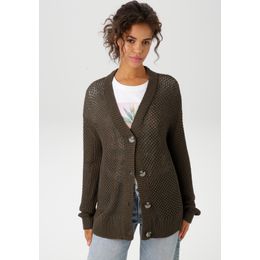 Strickjacke Aniston CASUAL, Damen, Gr. 34, gr&uuml;n (khaki), Strick, Obermaterial: 100% Polyacryl, unifarben, l&auml;ssig geschnitten h&uuml;ftbedeckend, V-Ausschnitt, Rippstrickb&uuml;ndchen, Strickjacken Strickjacke, mit trendigem Lochstrick-Muster