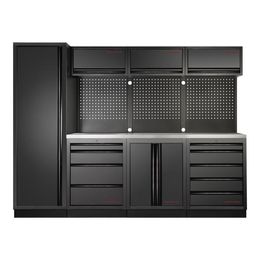 Kraftwerk 4-Element-Schrankwand mit Vierkantlochwand L&auml;nge 2640 mm rostfreien Arbeitsplatte (3964B-BLK-IX)