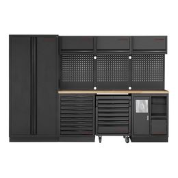 Kraftwerk 4-Element-Schrankwand mit Vierkantlochwand L&auml;nge 2955 mm Multiplex-Arbeitsplatten (3964D-BLK)
