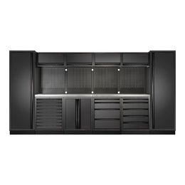 Kraftwerk 6-Element-Schrankwand mit Vierkantlochwand L&auml;nge 3920 mm INOX-Arbeitsplatte (3964F-BLK-IX)