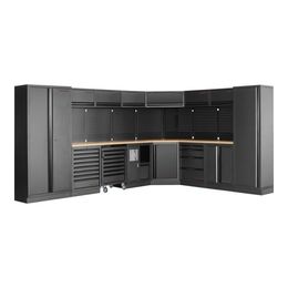 Kraftwerk 8-Element-Schrankwand mit Vierkantlochwand L&auml;nge 3819 mm 2824 mm Multiplex-Arbeitsplatten (3964E-BLK)