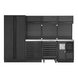 Kraftwerk 4-Element-Schrankwand mit Vierkantlochwand L&auml;nge 2955 mm Inox-Arbeitsplatte (3964D-BLK-IX)
