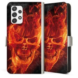 DeinDesign Galaxy A52s 5G Handy Klapph&uuml;lle Handyh&uuml;lle aus Kunst Leder wei&szlig; Flip Case Totenkopf Skull Fire Sideflip mit Lasche