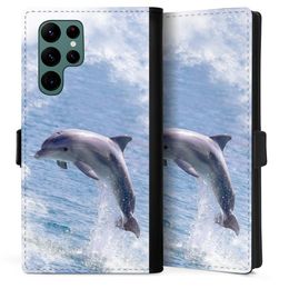DeinDesign Galaxy S22 Ultra Handy Klapph&uuml;lle Handyh&uuml;lle aus Kunst Leder schwarz Flip Case Wale Ocean Dolphin Sideflip mit langer Lasche