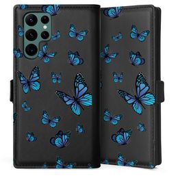 DeinDesign Galaxy S22 Ultra Handy Klapph&uuml;lle Handyh&uuml;lle aus Kunst Leder schwarz Flip Case Transparent Butterfly Muster Sideflip mit langer Lasche