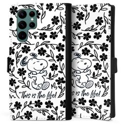DeinDesign Galaxy S22 Ultra Handy Klapph&uuml;lle Handyh&uuml;lle aus Kunst Leder schwarz Flip Case Peanuts Flowers Snoopy Sideflip mit langer Lasche