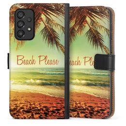 DeinDesign Galaxy A33 5G Handy Klapph&uuml;lle Handyh&uuml;lle aus Kunst Leder schwarz Flip Case Beach Palm Tree Urlaub Sideflip mit langer Lasche