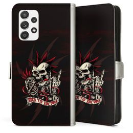DeinDesign Galaxy A52 5G Handy Klapph&uuml;lle Handyh&uuml;lle aus Kunst Leder wei&szlig; Flip Case Rock Totenkopf Music Sideflip mit Lasche