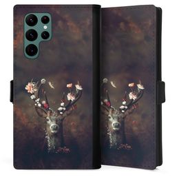 DeinDesign Galaxy S22 Ultra Handy Klapph&uuml;lle Handyh&uuml;lle aus Kunst Leder schwarz Flip Case Reindeer Flowers Rehe Sideflip mit langer Lasche