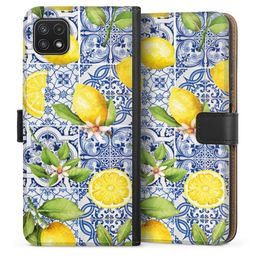 DeinDesign Galaxy A22 5G Handy Klapph&uuml;lle Handyh&uuml;lle aus Kunst Leder schwarz Flip Case Lemon Greece Muster Sideflip mit langer Lasche