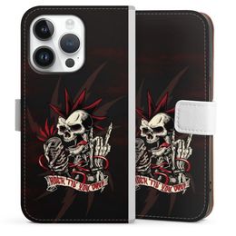 DeinDesign iPhone 14 Pro Handy Klapph&uuml;lle Handyh&uuml;lle aus Kunst Leder wei&szlig; Flip Case Rock Totenkopf Music Sideflip mit Lasche
