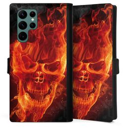 DeinDesign Galaxy S22 Ultra Handy Klapph&uuml;lle Handyh&uuml;lle aus Kunst Leder schwarz Flip Case Totenkopf Skull Fire Sideflip mit langer Lasche