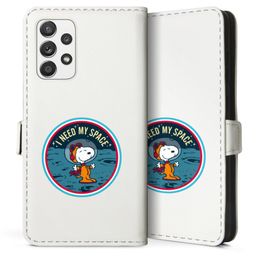 DeinDesign Galaxy A52s 5G Handy Klapph&uuml;lle Handyh&uuml;lle aus Kunst Leder wei&szlig; Flip Case Peanuts Weltall Snoopy Sideflip mit Lasche