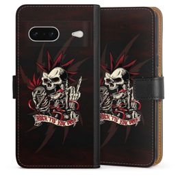 DeinDesign Google Pixel 7 Handy Klapph&uuml;lle Handyh&uuml;lle aus Kunst Leder schwarz Flip Case Rock Totenkopf Music Sideflip mit langer Lasche