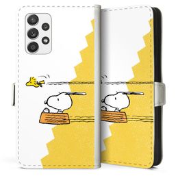 DeinDesign Galaxy A52s 5G Handy Klapph&uuml;lle Handyh&uuml;lle aus Kunst Leder wei&szlig; Flip Case Snoopy Peanuts Children Sideflip mit Lasche