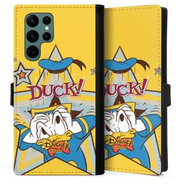 DeinDesign Galaxy S22 Ultra Handy Klapph&uuml;lle Handyh&uuml;lle aus Kunst Leder schwarz Flip Case Donald Duck Disney Official Licensed Product Sideflip mit langer Lasche