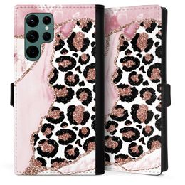 DeinDesign Galaxy S22 Ultra Handy Klapph&uuml;lle Handyh&uuml;lle aus Kunst Leder schwarz Flip Case Leopard Glitzer Marble Sideflip mit langer Lasche