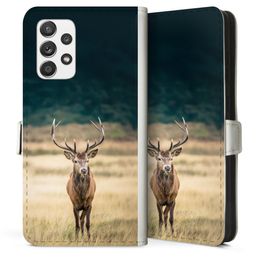 DeinDesign Galaxy A52s 5G Handy Klapph&uuml;lle Handyh&uuml;lle aus Kunst Leder wei&szlig; Flip Case Forrest Deer Meadow Sideflip mit Lasche