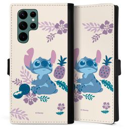 DeinDesign Galaxy S22 Ultra Handy Klapph&uuml;lle Handyh&uuml;lle aus Kunst Leder schwarz Flip Case Flowers Lilo & Stitch Official Licensed Product Sideflip mit langer 