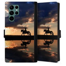 DeinDesign Galaxy S22 Ultra Handy Klapph&uuml;lle Handyh&uuml;lle aus Kunst Leder schwarz Flip Case Sunset Horseback Riding Horse Sideflip mit langer Lasche