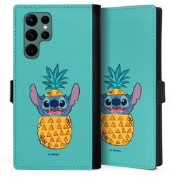DeinDesign Galaxy S22 Ultra Handy Klapph&uuml;lle Handyh&uuml;lle aus Kunst Leder schwarz Flip Case Disney Lilo & Stitch Pineapple Sideflip mit langer Lasche