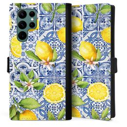 DeinDesign Galaxy S22 Ultra Handy Klapph&uuml;lle Handyh&uuml;lle aus Kunst Leder schwarz Flip Case Muster Greece Lemon Sideflip mit langer Lasche