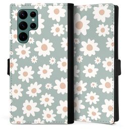 DeinDesign Galaxy S22 Ultra Handy Klapph&uuml;lle Handyh&uuml;lle aus Kunst Leder schwarz Flip Case Daisy Muster Flowers Sideflip mit langer Lasche