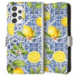 DeinDesign Galaxy A52s 5G Handy Klapph&uuml;lle Handyh&uuml;lle aus Kunst Leder wei&szlig; Flip Case Muster Greece Lemon Sideflip mit Lasche