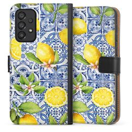 DeinDesign Galaxy A33 5G Handy Klapph&uuml;lle Handyh&uuml;lle aus Kunst Leder schwarz Flip Case Lemon Greece Muster Sideflip mit langer Lasche