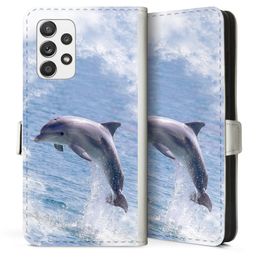 DeinDesign Galaxy A52s 5G Handy Klapph&uuml;lle Handyh&uuml;lle aus Kunst Leder wei&szlig; Flip Case Wale Ocean Dolphin Sideflip mit Lasche