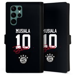 DeinDesign Galaxy S22 Ultra Handy Klapph&uuml;lle Handyh&uuml;lle aus Kunst Leder schwarz Flip Case Jamal Musiala Fcb Fc Bayern M&uuml;nchen Sideflip mit langer Lasche