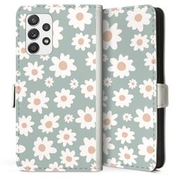 DeinDesign Galaxy A52s 5G Handy Klapph&uuml;lle Handyh&uuml;lle aus Kunst Leder wei&szlig; Flip Case Daisy Muster Flowers Sideflip mit Lasche