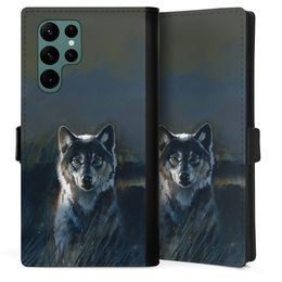 DeinDesign Galaxy S22 Ultra Handy Klapph&uuml;lle Handyh&uuml;lle aus Kunst Leder schwarz Flip Case Wolf Painting Nature Sideflip mit langer Lasche