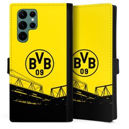 DeinDesign Galaxy S22 Ultra Handy Klapph&uuml;lle Handyh&uuml;lle aus Kunst Leder schwarz Flip Case Merchandise Bvb Borussia Dortmund Sideflip mit langer Lasche
