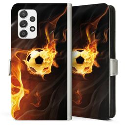 DeinDesign Galaxy A52s 5G Handy Klapph&uuml;lle Handyh&uuml;lle aus Kunst Leder wei&szlig; Flip Case Soccer Ball Fire Sideflip mit Lasche